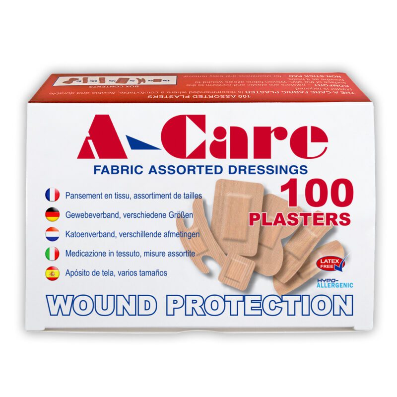 A-Care Fabric Plasters Assorted – Box 100 (6 Sizes) - Aero Healthcare UK
