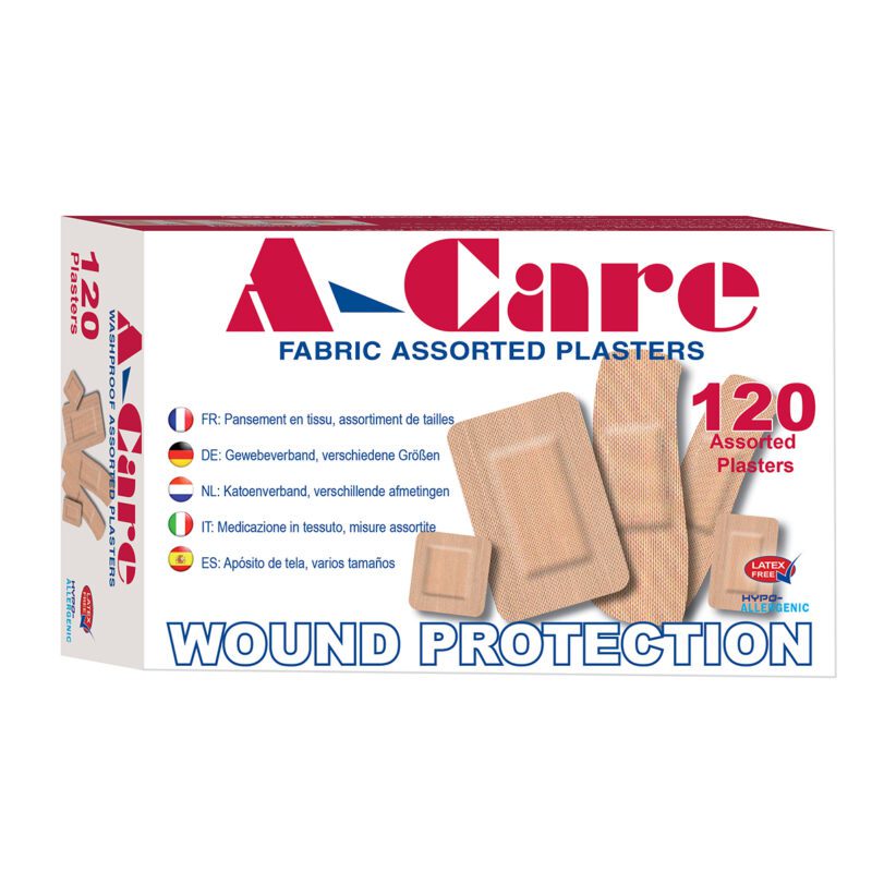 A-Care Fabric Plasters Assorted - Box 120 (5 Sizes) - Aero Healthcare UK