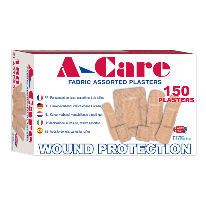 A-Care Fabric Plasters Assorted - Box 150 (6 Sizes) - Aero Healthcare UK