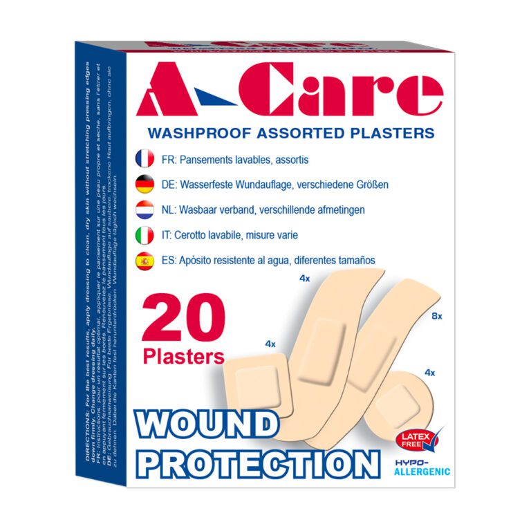 A-Care Washproof Plasters Assorted – Box 20 (4 sizes) - Aero Healthcare UK