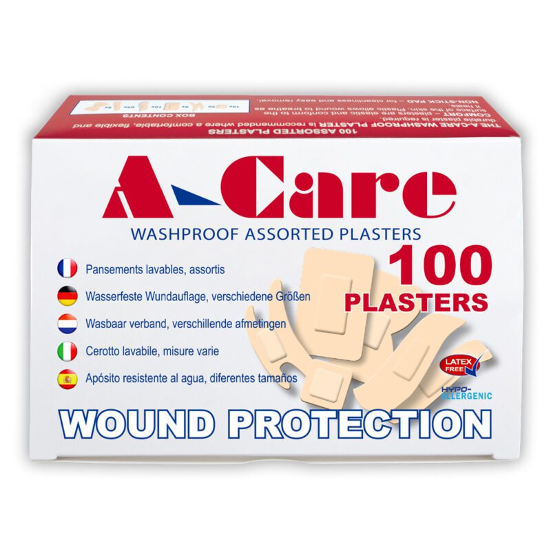 A-Care Washproof Plasters Assorted – Box 100 (6 sizes) - Aero Healthcare UK