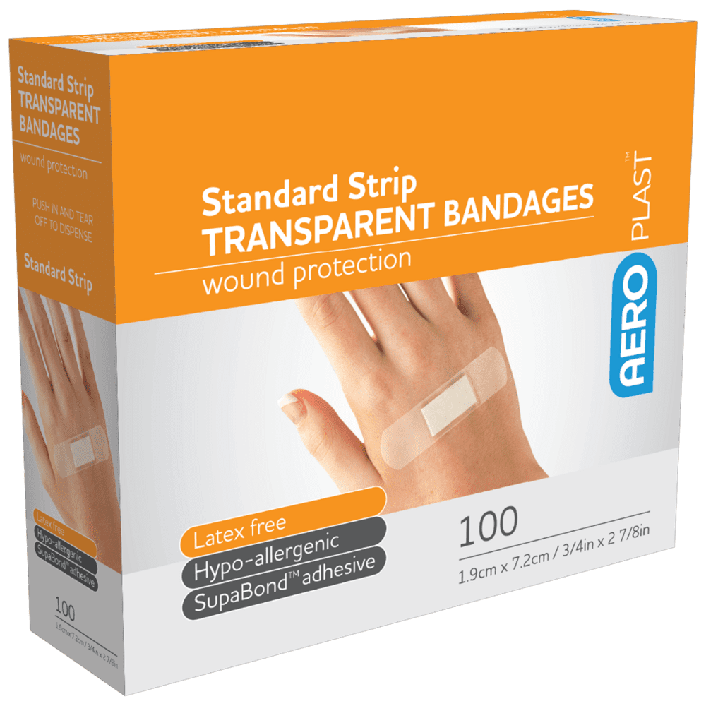 AEROPLAST Transparent Standard Strip 7.2 x 1.9cm Box/100 | Aero Healthcare
